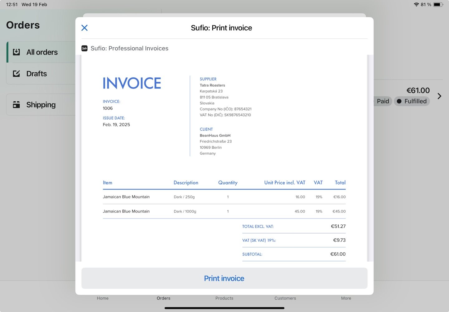 Print invoices created by Sufio from the Shopify POS app - Sufio for Shopify