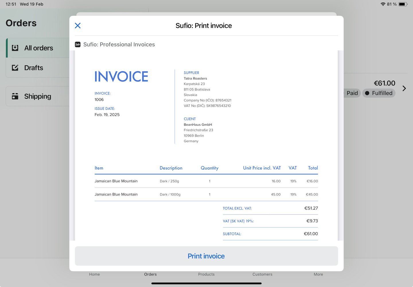 Print invoices created by Sufio from the Shopify POS app - Sufio for Shopify