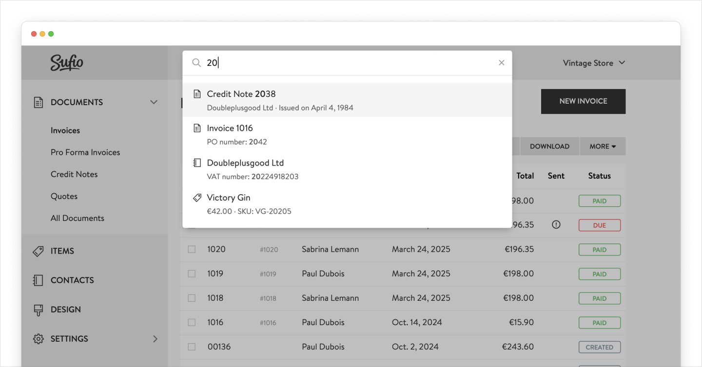 Smart search for documents, contacts, and items in Sufio - Sufio